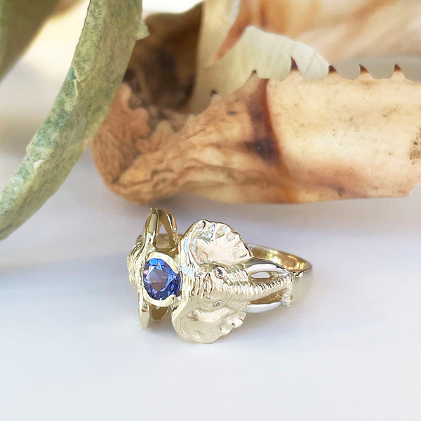 Double Elephant Head Ring with Tanzanite in Yellow Gold - Afrogem Jewellers
