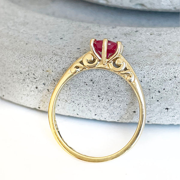 Enchanting Six Claw Elevated Ruby With Filigree Detail Yellow Gold Rin ...