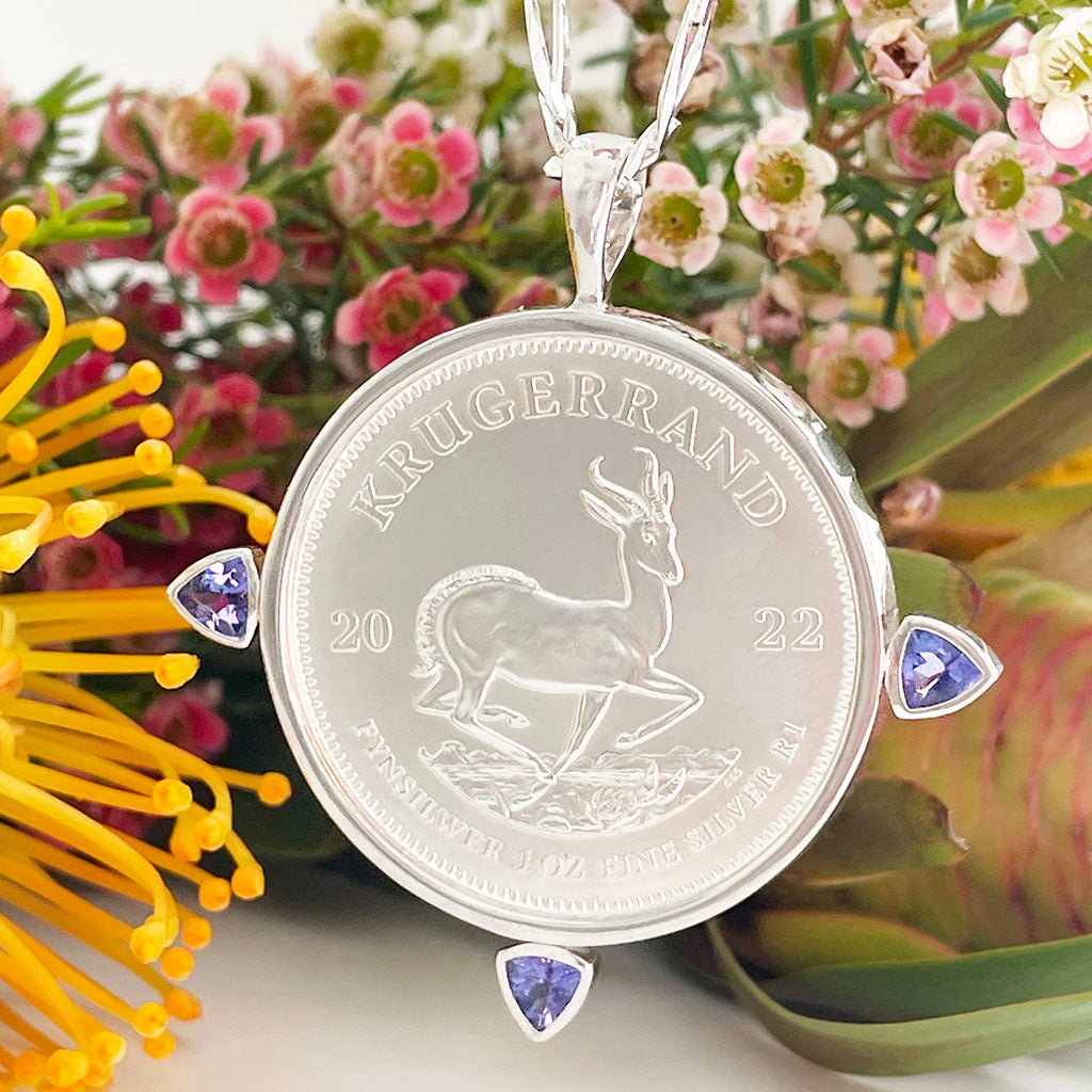 Silver Kruger Rand Coin With Triple Trilliant Tanzanite Detail Pendant ...